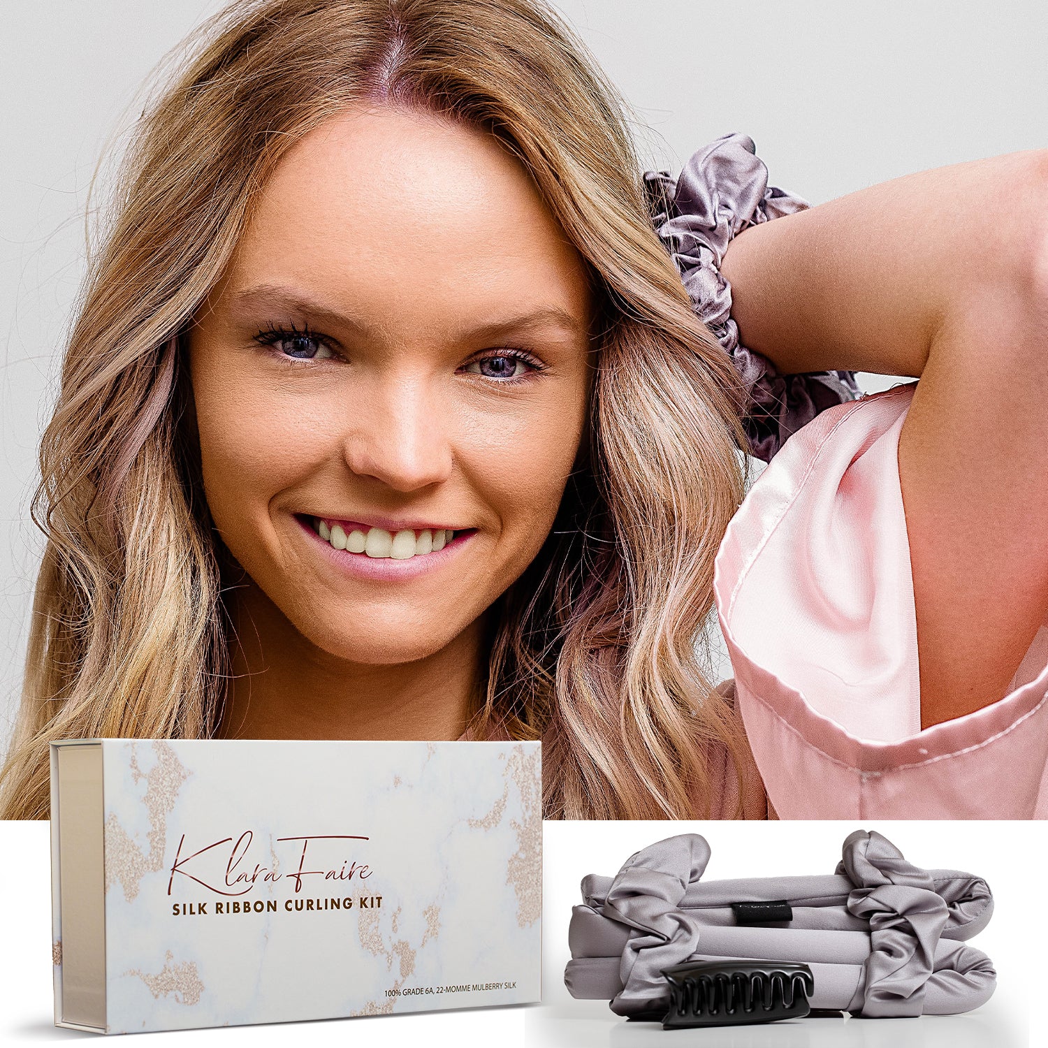 Klara Faire™- 100% Silk ribbon Curler and Scrunchies Set - Black Silve ...